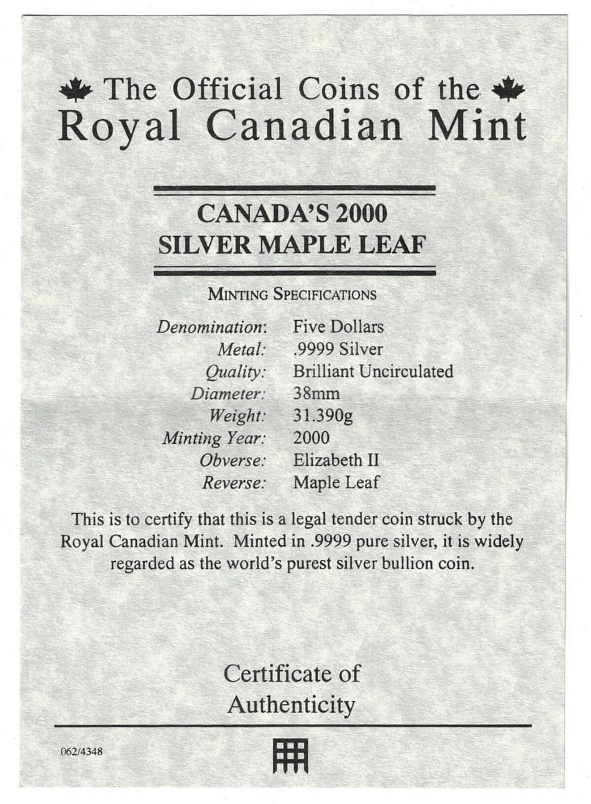 2000 Silver Canada One Ounce Maple Millennium Privy Mark Coin | Dorset ...